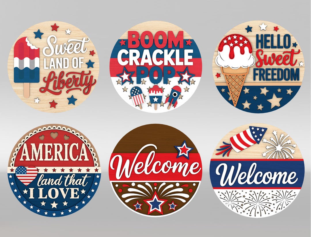 Patriotic Round Sign SVG Bundle, 4th of July Door Hanger Laser Cut ...