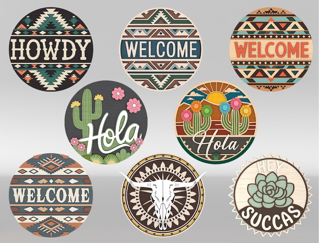 Western Door Sign SVG Bundle Svg, Bull Cactus Texas Howdy West Round ...