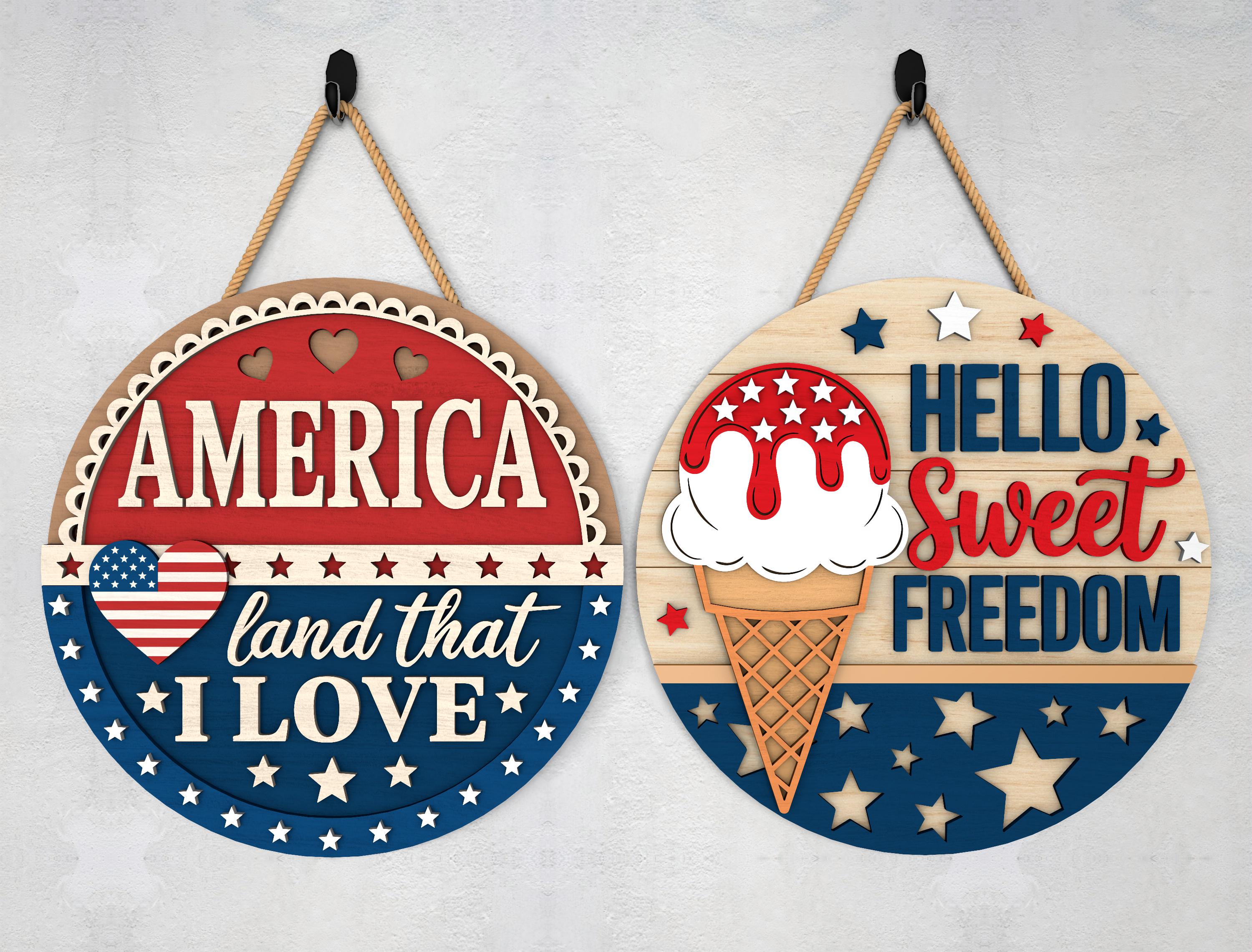 Patriotic Round Sign SVG Bundle, 4th of July Door Hanger Laser Cut ...