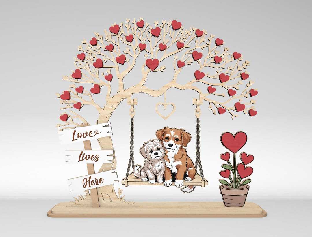 Love Dogs on Swing 3D Laser Cut SVG, Valentine Heart Tree Decor Svg ...