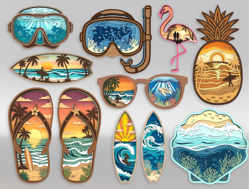 Multilayer Summer Beach SVG Bundle, 3D Layered Ocean Surf Tropical ...