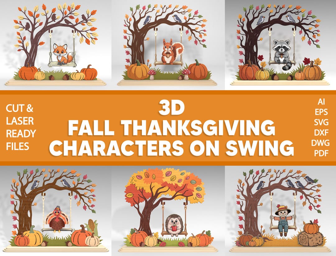 Chilling Fall Animals & Characters on Swing 3D Laser Cut SVG, Fox ...