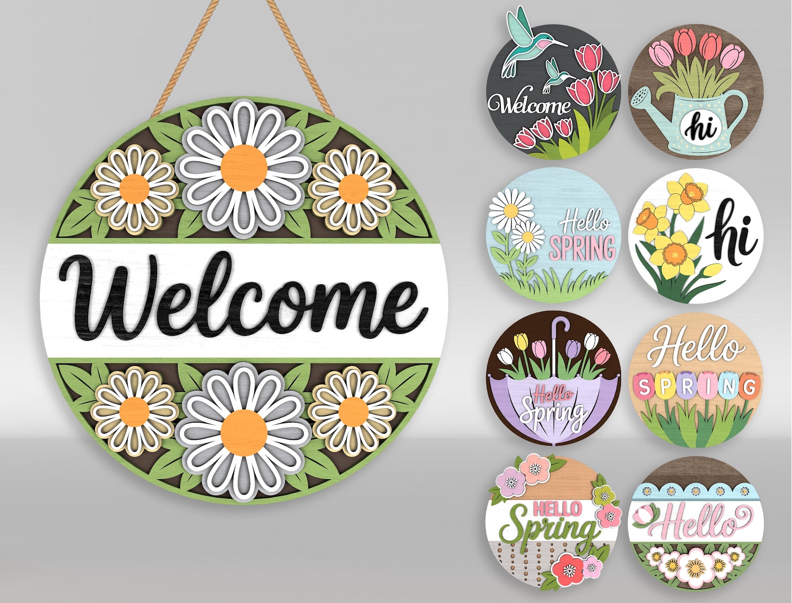 Hello Spring Door Hanger SVG Bundle, Welcome Daisy & Spring Flowers ...