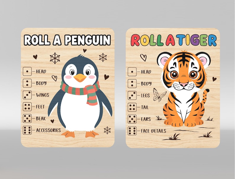 Zoo Animals Roll Game Wooden Board Set Laser Cut SVG, Roll a Tiger ...