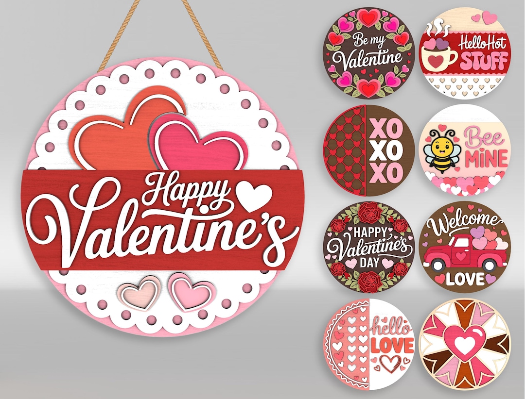 Happy Valentines Day Door Sign SVG Bundle, Heart Welcome Sign Laser Cut ...