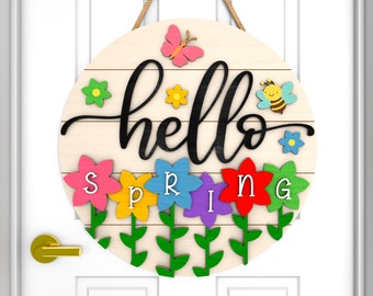 Hello Spring Sign SVG Spring Glowforge Files Hello Spring Door Hanger ...