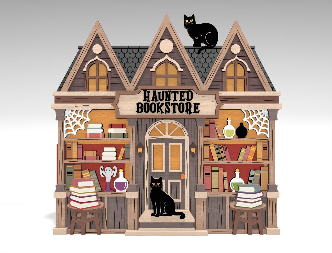 Multilayer Haunted Bookstore SVG, Gothic Library With Black Cat ...