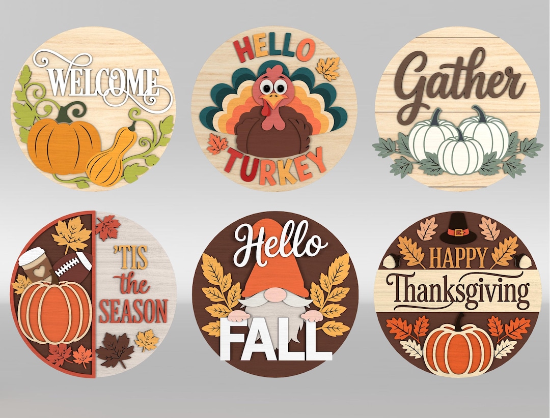 Fall Thanksgiving Door Sign SVG Bundle, Pumpkin Turkey Gnome Round Sign ...