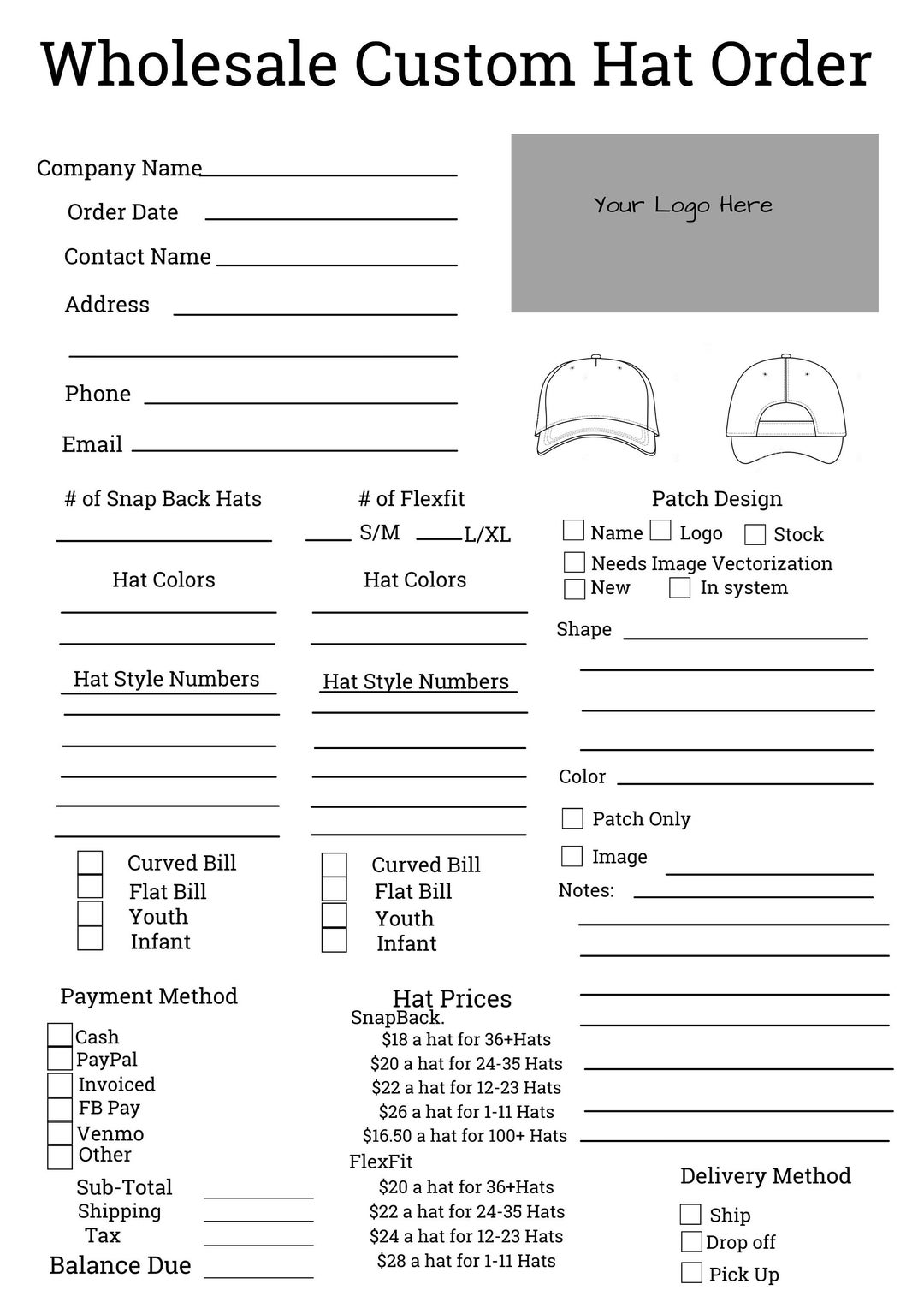 Editable Wholesale Custom Hat Order Form - Etsy
