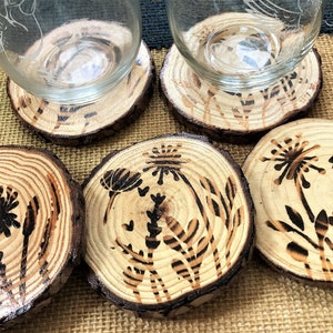 Wood Slice Wildflower Coasters, Set of 4 Natural Wood Burned Boho ...