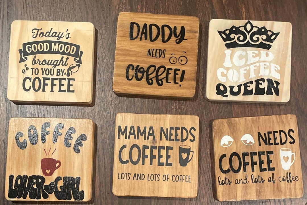 Humorous Coffee-themed Coasters, Wood Coffee Themed Coaster, Coffee Bar ...