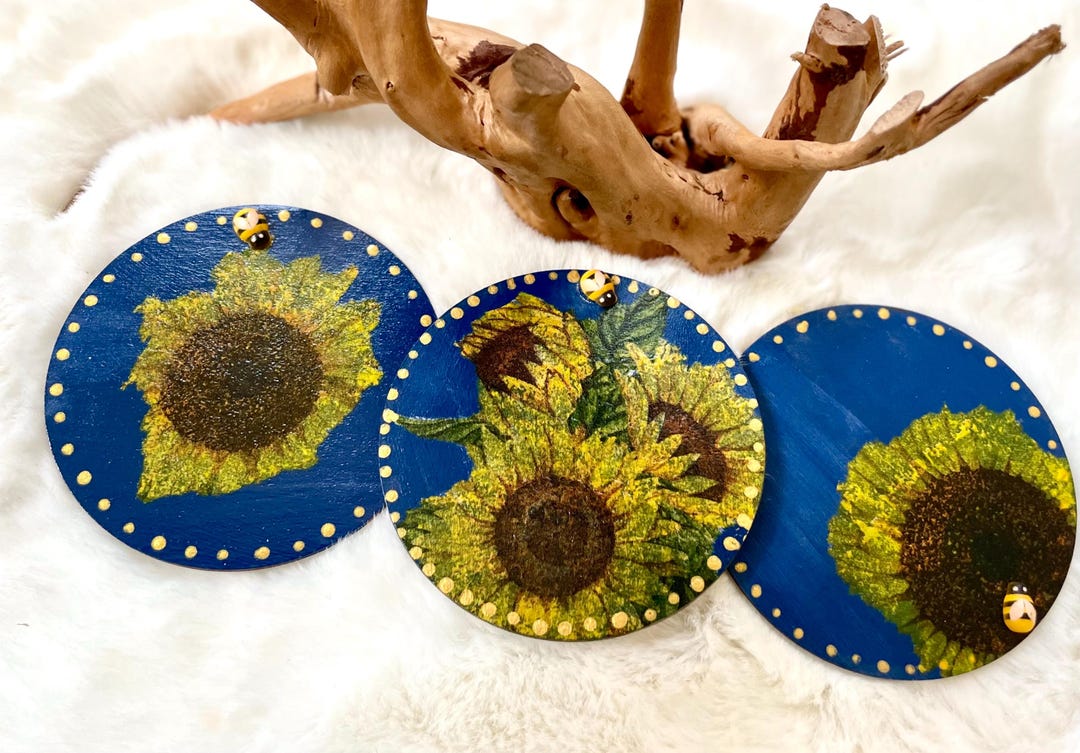 Wood Slice Sunflower Coasters, Live Edge Modern Rustic Coaster Sets ...