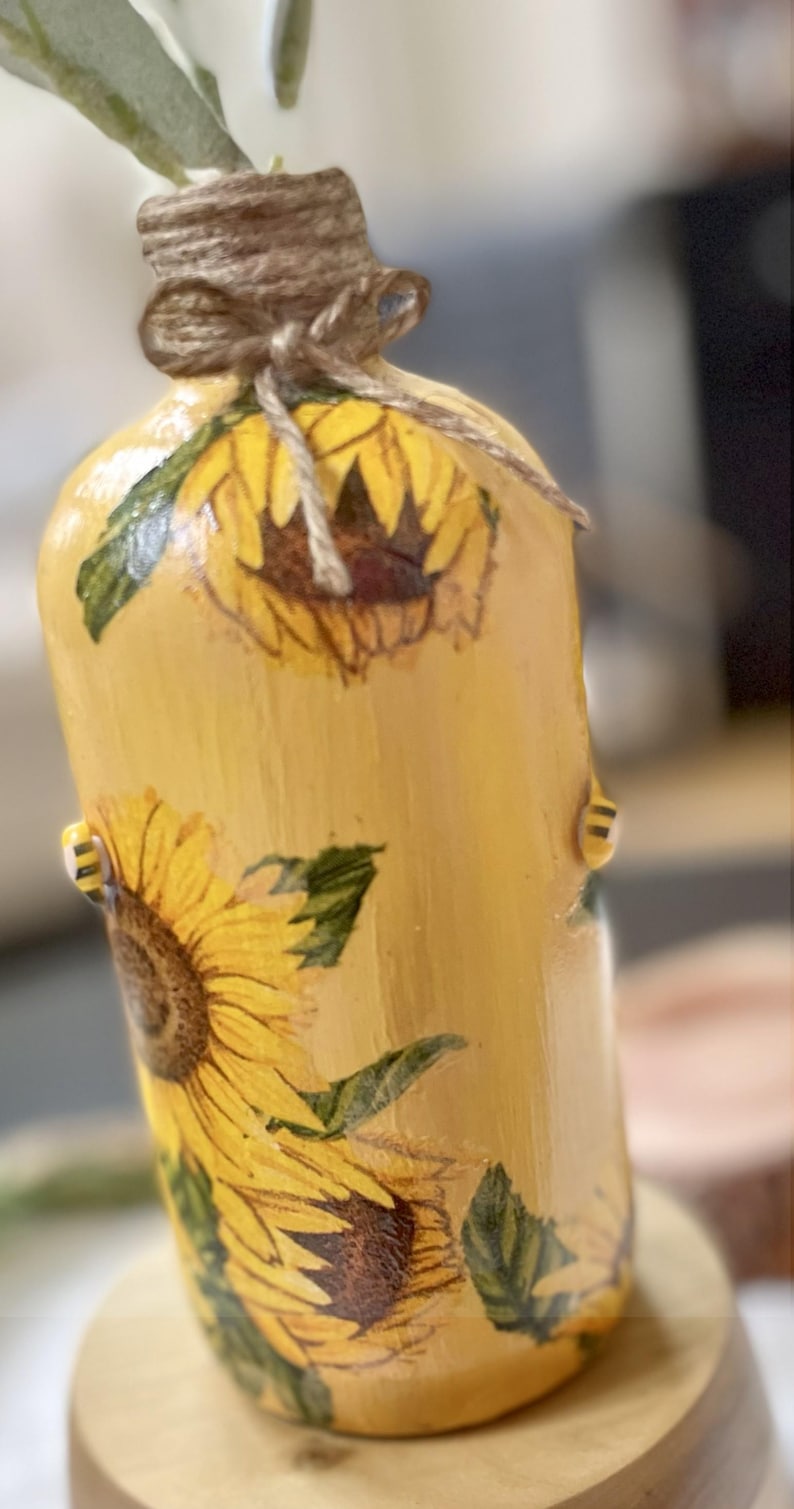 Handcrafted Decoupage Glass Vases, Sunflower Vase, Bee Themed Jar ...