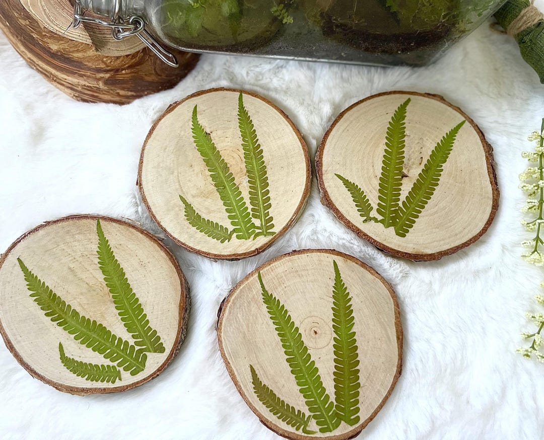 Wooden Botanical Coaster Set, Wood Slice Fern Coasters, Floral Boho ...