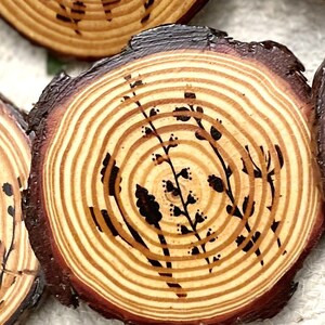 Wood Slice Wildflower Coasters, Set of 4 Natural Wood Burned Boho ...