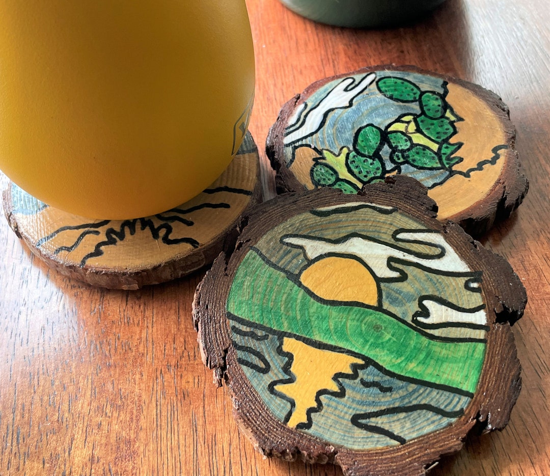 Wood Slice Hand Painted Coaster Sets, Live Edge Sunset, Boho Cacti ...