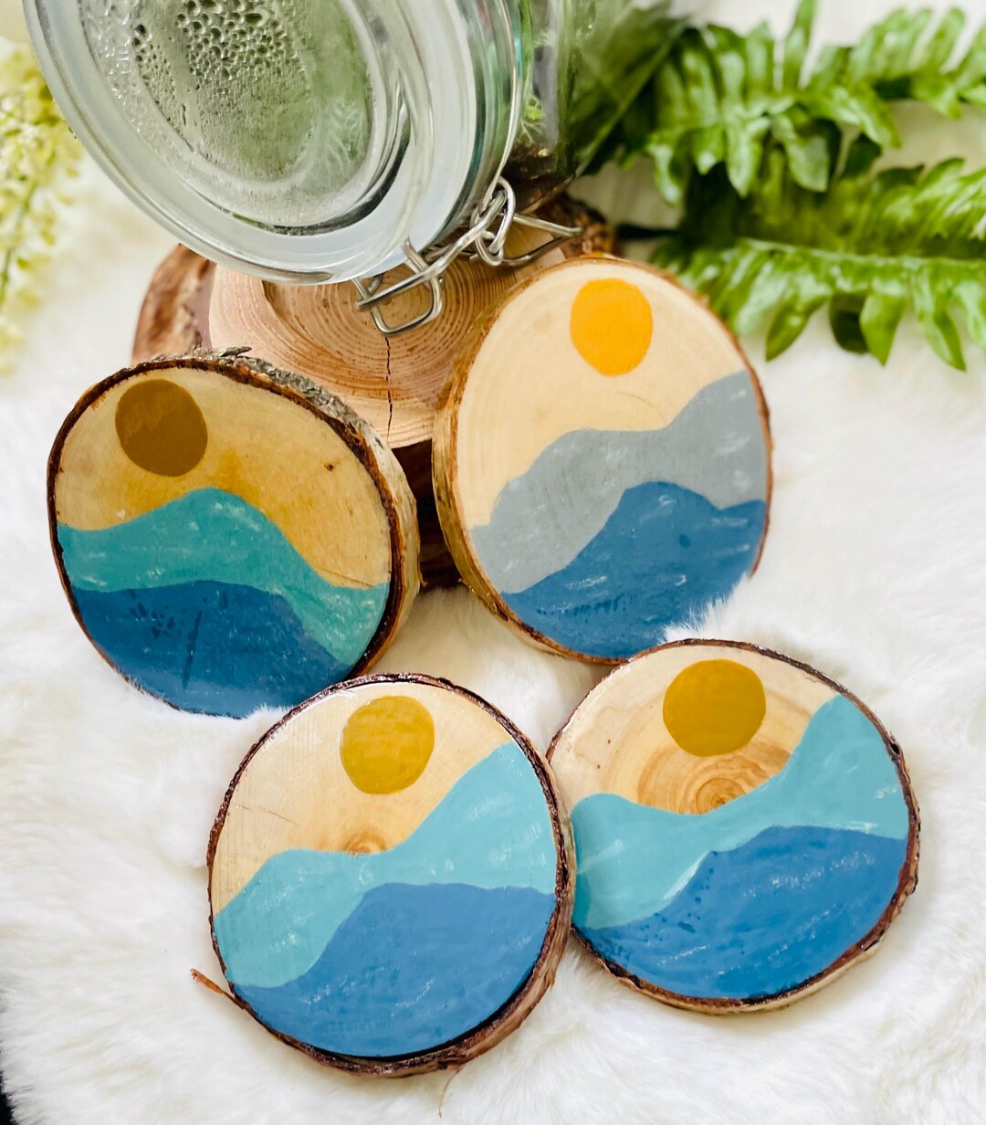 Abstract Sunset Coasters | Hand Painted Wood Slice | Ocean Mountain ...