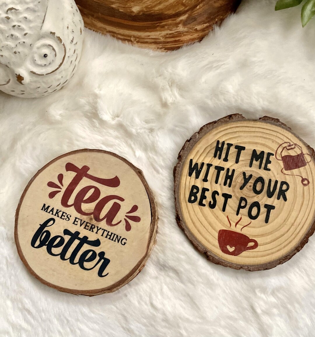 Wood Slice Tea Themed Coasters, Live Edge Rustic Coaster Gift Sets ...