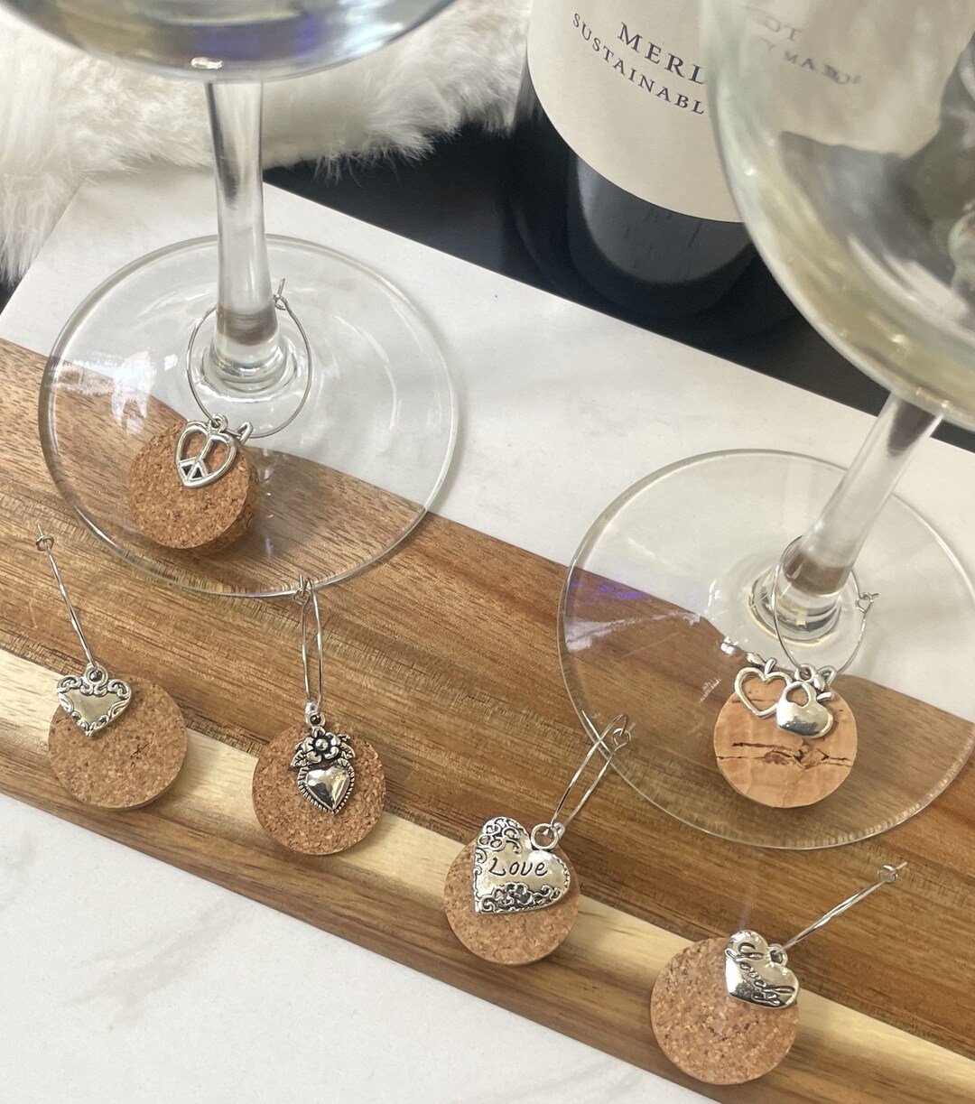 Wine Glass Hearts Charm Set, Cork Glass Drink Tags, Personalizable ...