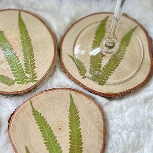 Wooden Botanical Coaster Set, Wood Slice Fern Coasters, Floral Boho ...