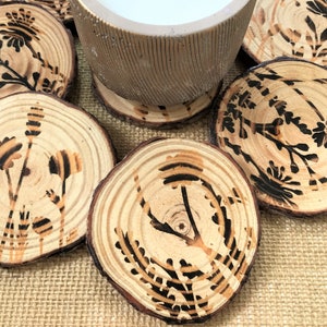 Wood Slice Wildflower Coasters, Set of 4 Natural Wood Burned Boho ...