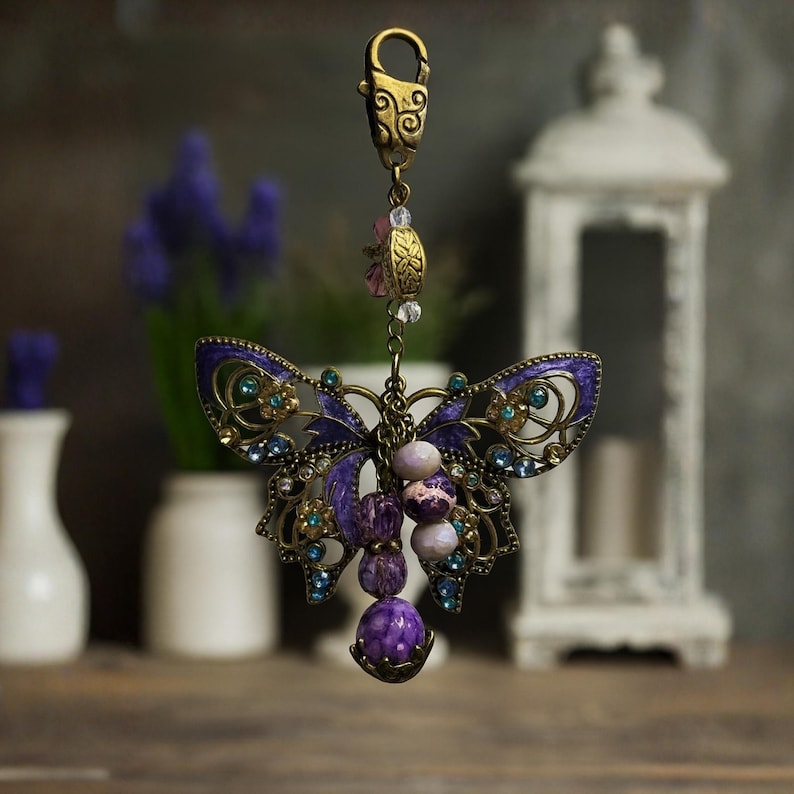 Handcrafted Purple Butterfly Bag Charm – Vintage Boho Gemstone ...