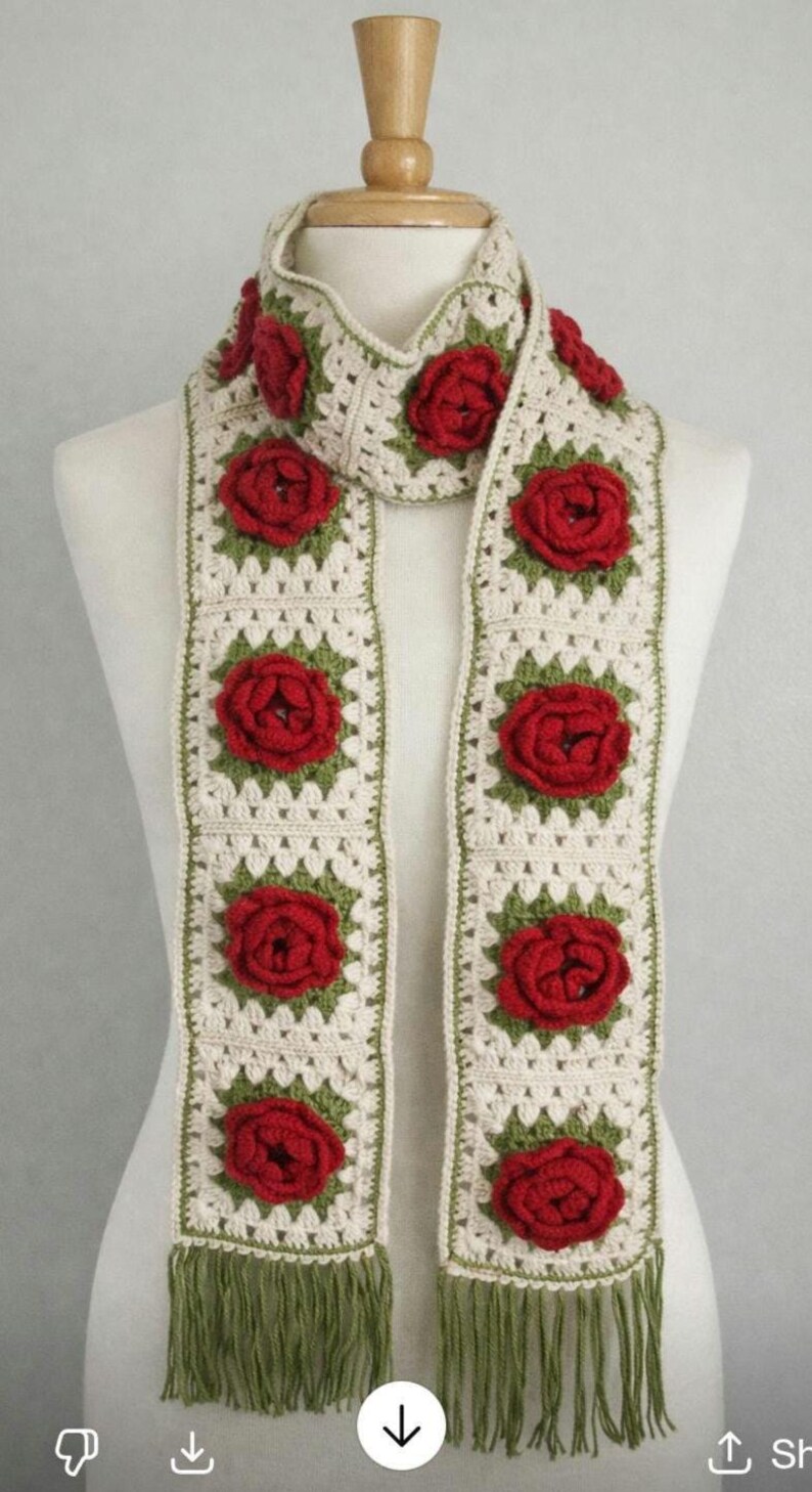 Handmade Crochet Rose Granny Square Scarf – Floral Vintage Style Scarf ...