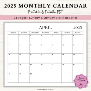 Editable 2025 Monthly Calendar | One Page Monthly Planner | Dated 12 ...
