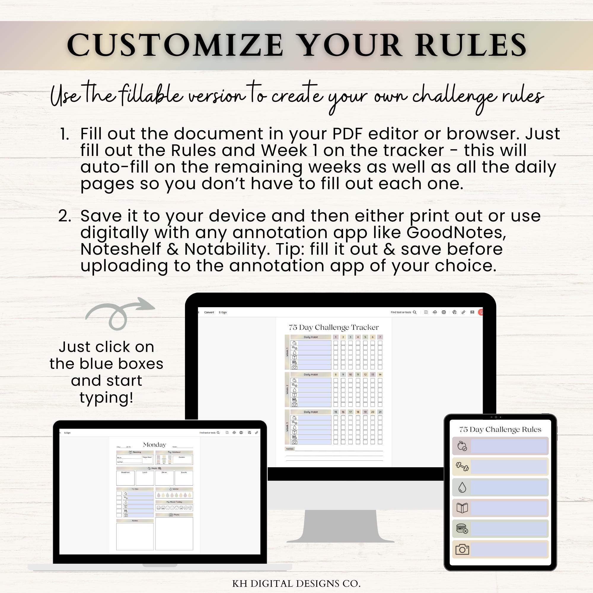 Editable 75 Day Challenge Planner | 75 Soft Challenge Checklist | 75 ...
