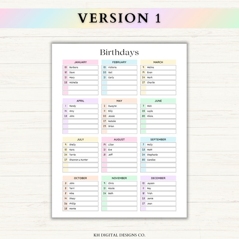Birthday Calendar Template Printable | Birthday Planner | Fillable ...