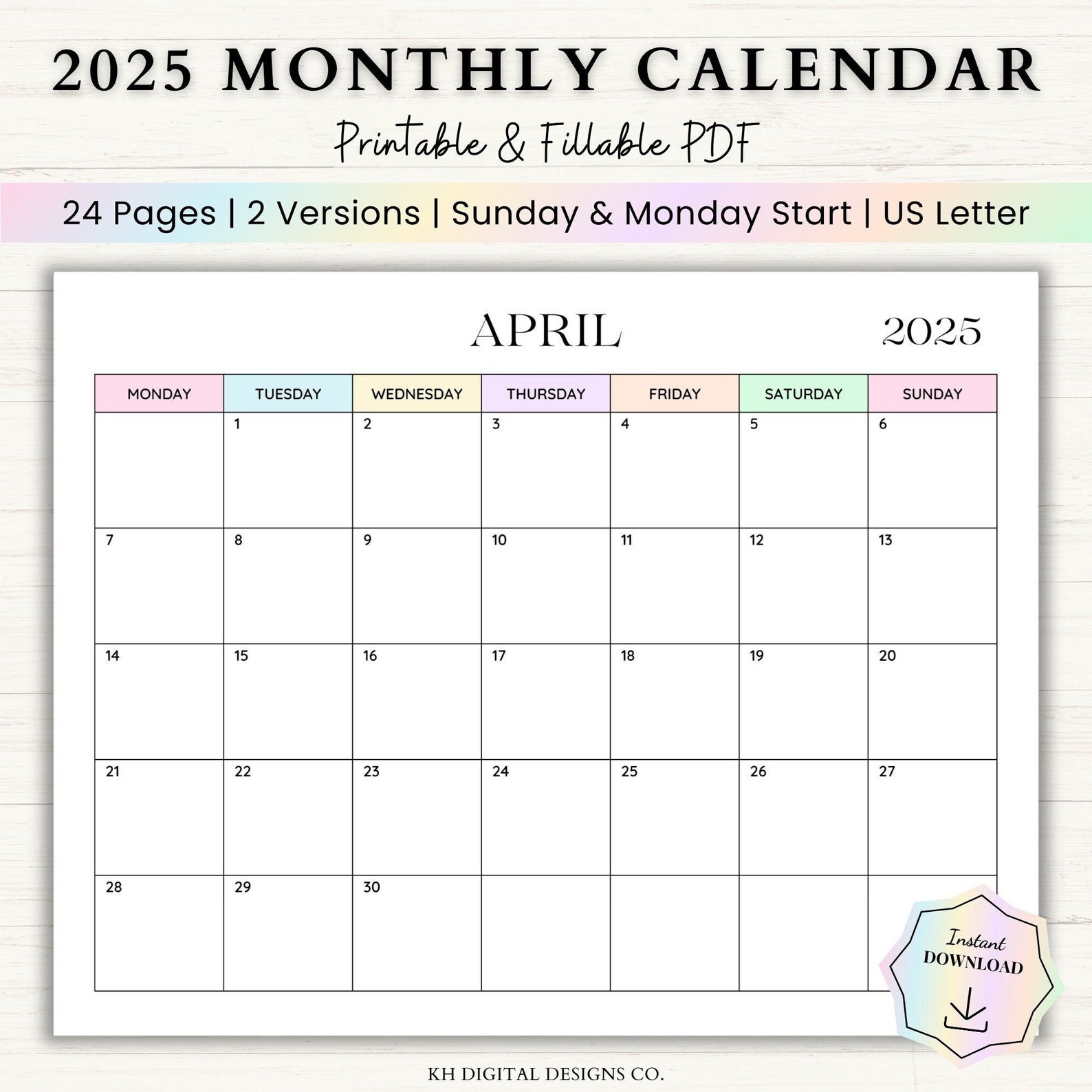 Editable 2025 Monthly Calendar | One Page Monthly Planner | Dated 12 ...