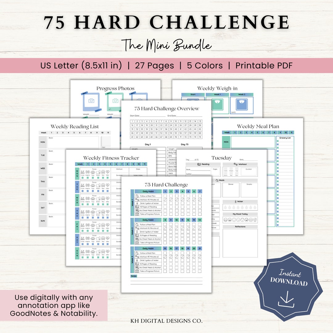 75 Hard Challenge Printable Workout Plan 75 Hard Tracker 75 Day ...
