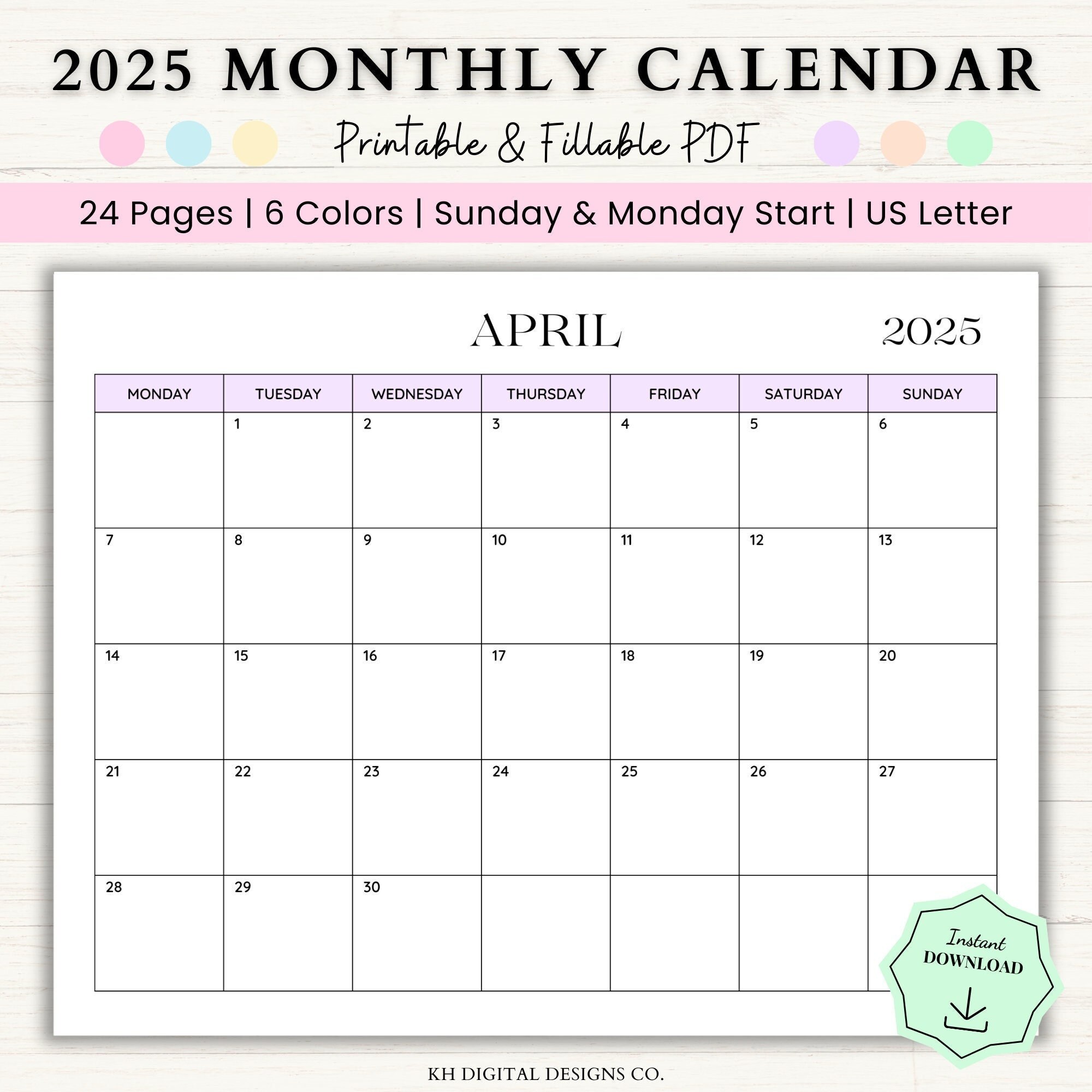 Editable 2025 Monthly Calendar | One Page Monthly Planner | Dated 12 ...
