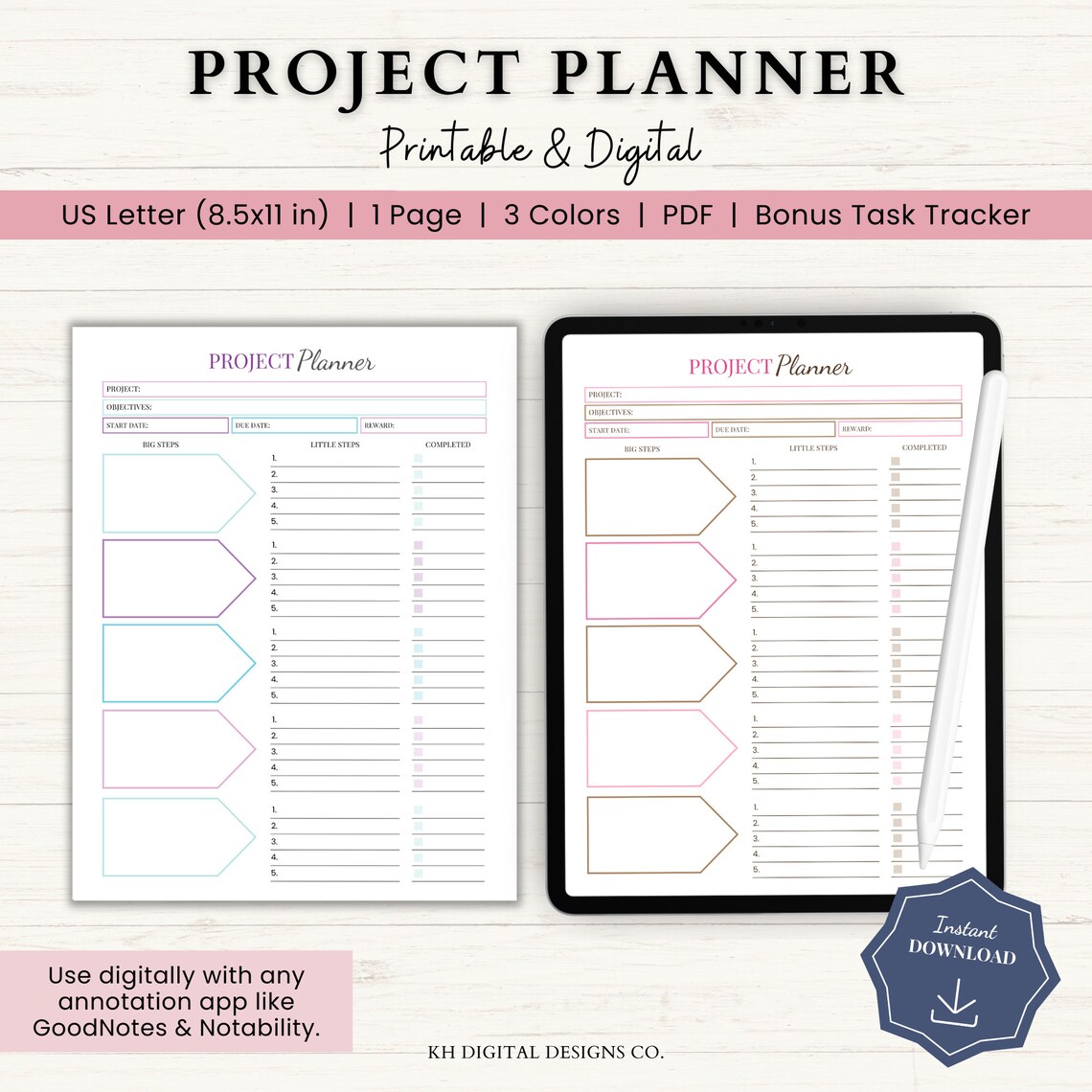Project Planner Printable Task Tracker Digital Project Planner for ...