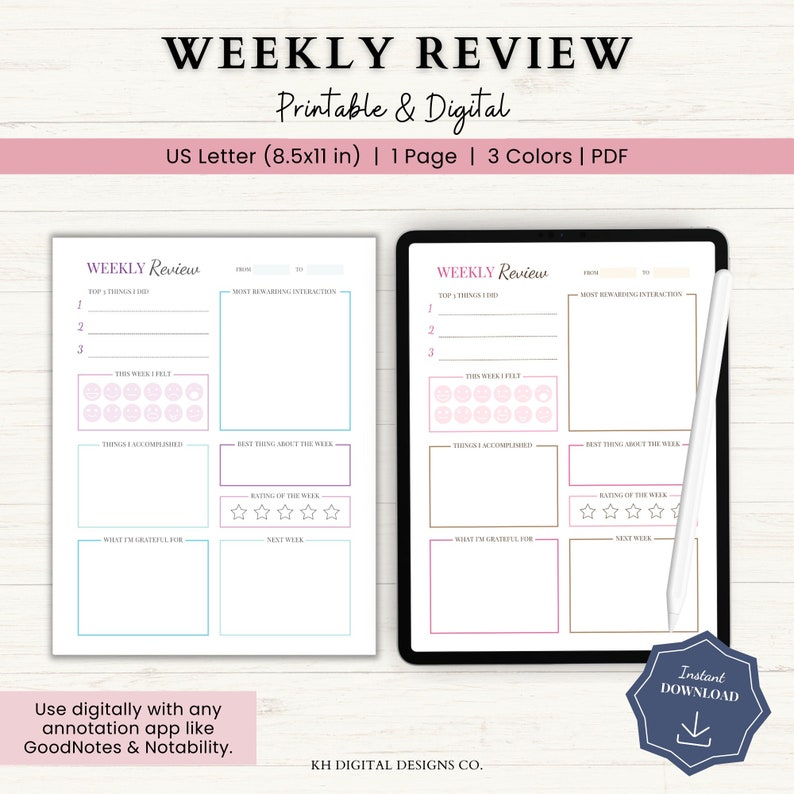 Weekly Review Printable | Weekly Review Planner Insert | Weekly Check ...