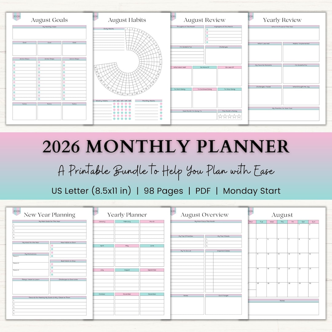 2026 Monthly Planner Printable: Monthly Overview, Yearly Habit ...