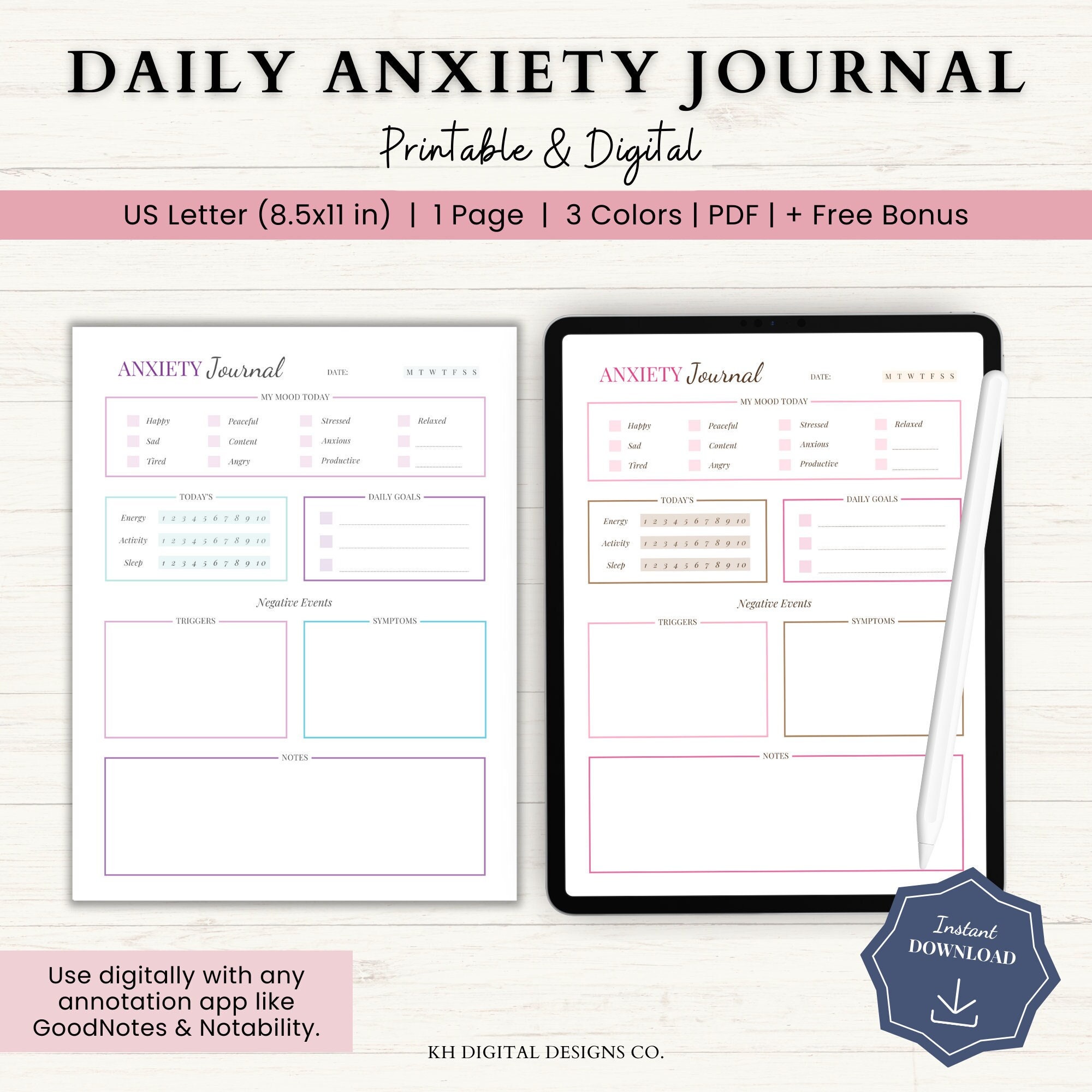 Daily Anxiety Journal Printable Digital Journal for Anxiety Calm Mind ...