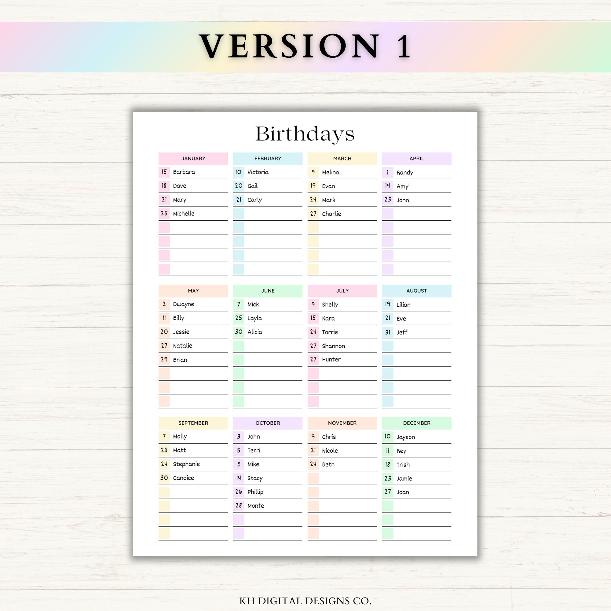 Editable Birthday Tracker Printable Birthday List Perpetual Birthday ...