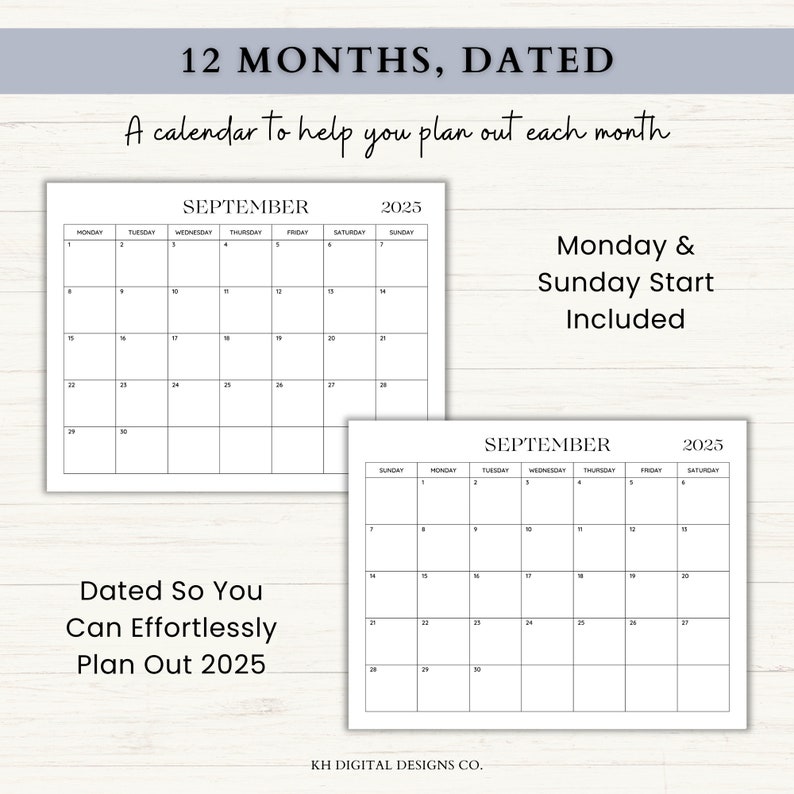 Editable 2025 Monthly Calendar | One Page Monthly Planner | Dated 12 ...