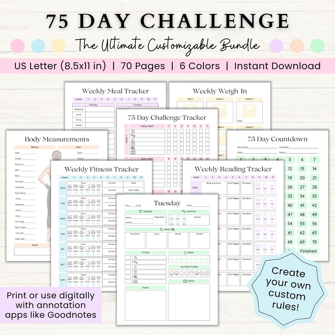 Editable 75 Day Challenge Planner | 75 Soft Challenge Printable | 75 ...