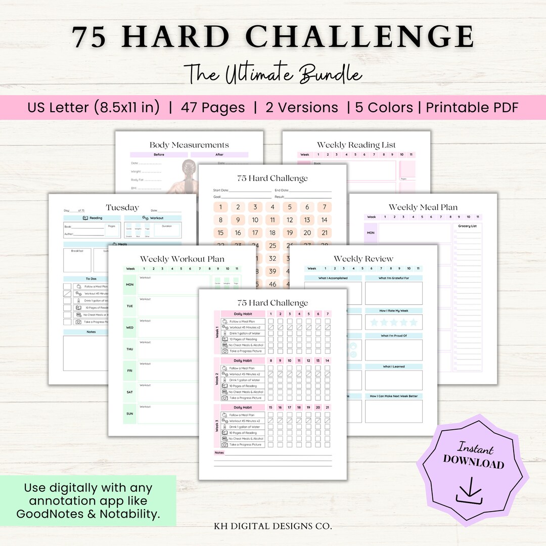 Buy 75 Hard Challenge Printable 75 Day Hard Challenge Template Workout ...