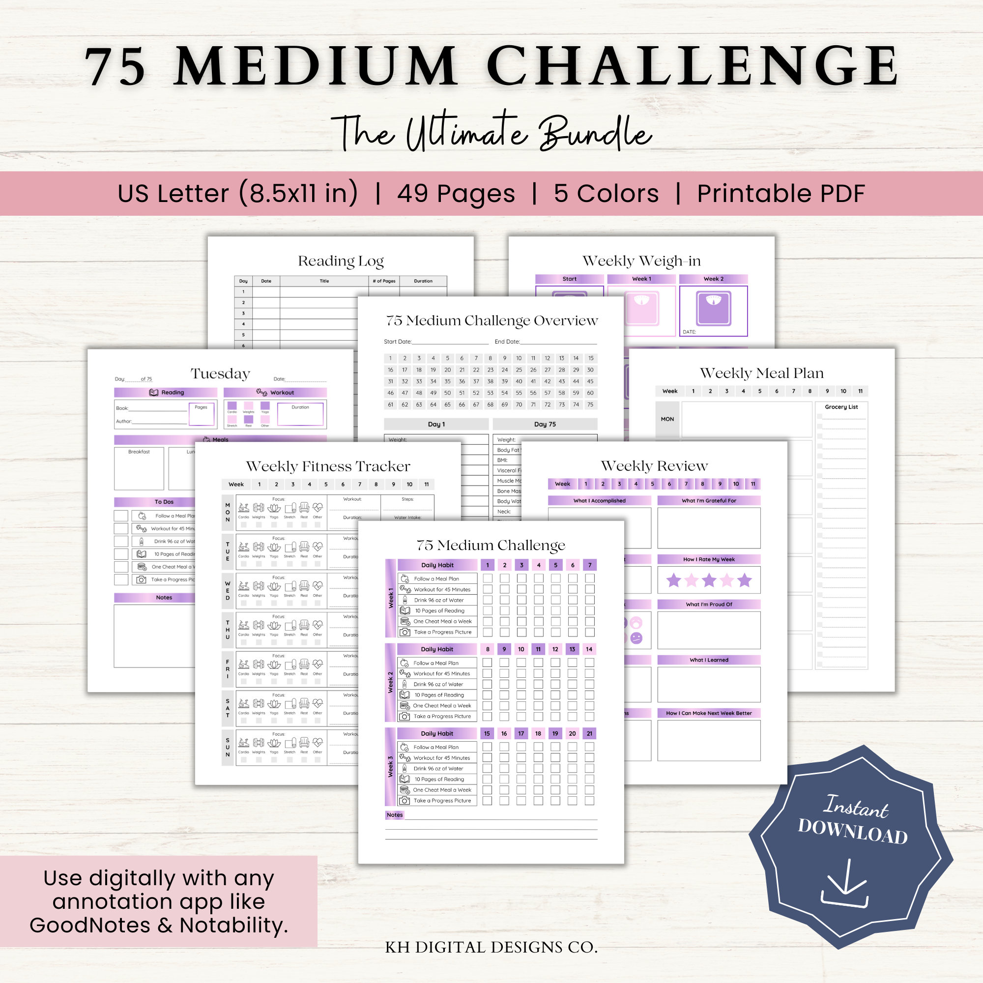 75 Medium Challenge Printable Workout Plan 75 Medium Tracker 75 Day ...