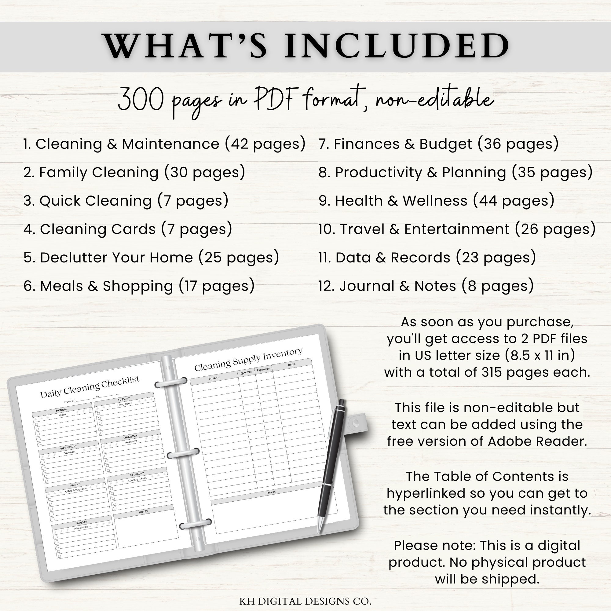 Home Management Binder Printable Cleaning Checklist Household Organizer ...