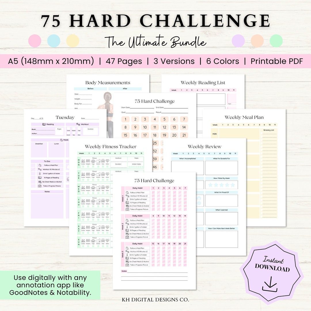 75 Hard Challenge Printable A5 75 Day Hard Challenge Template A5 ...