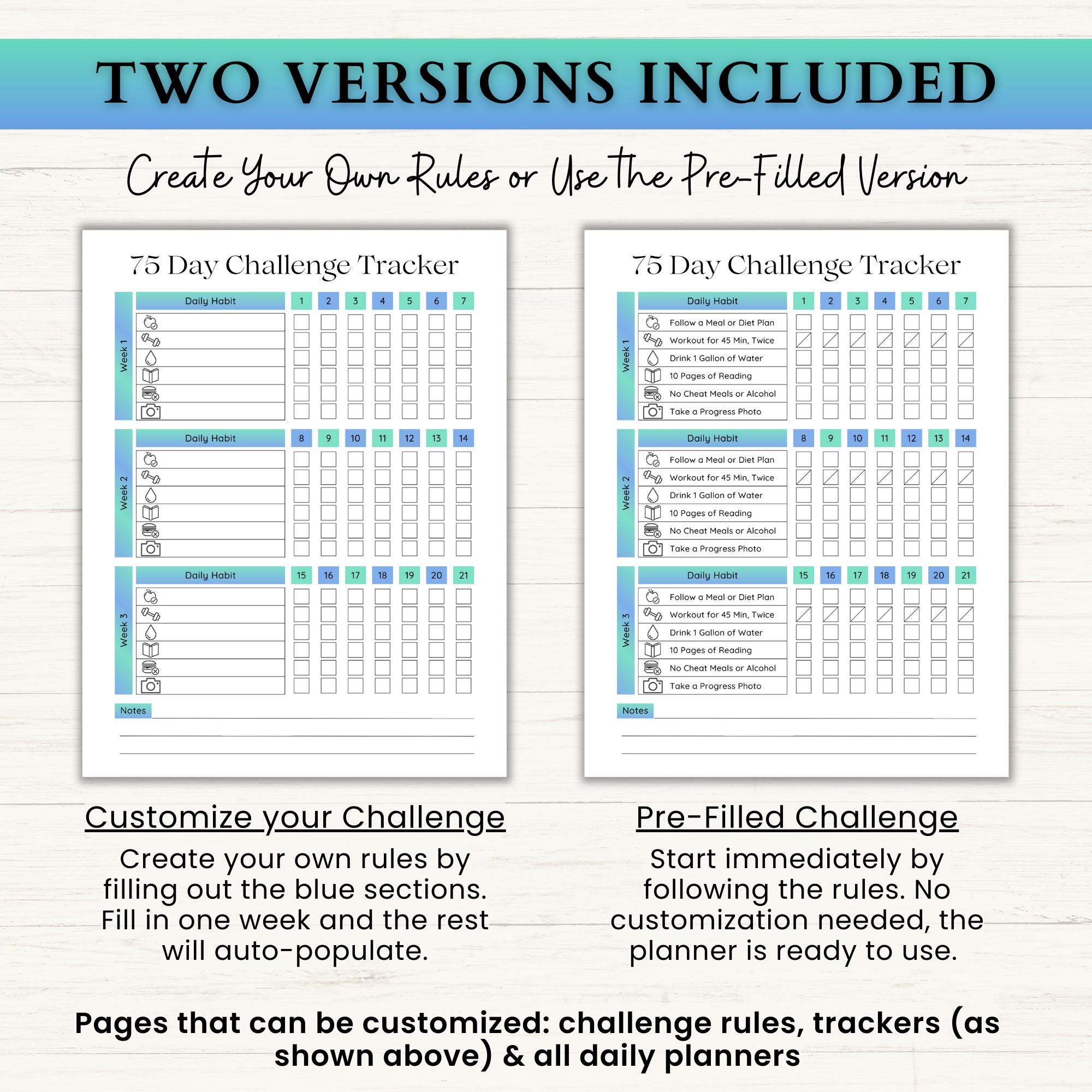 Editable 75 Day Challenge Planner | 75 Soft Printable | 75 Medium ...
