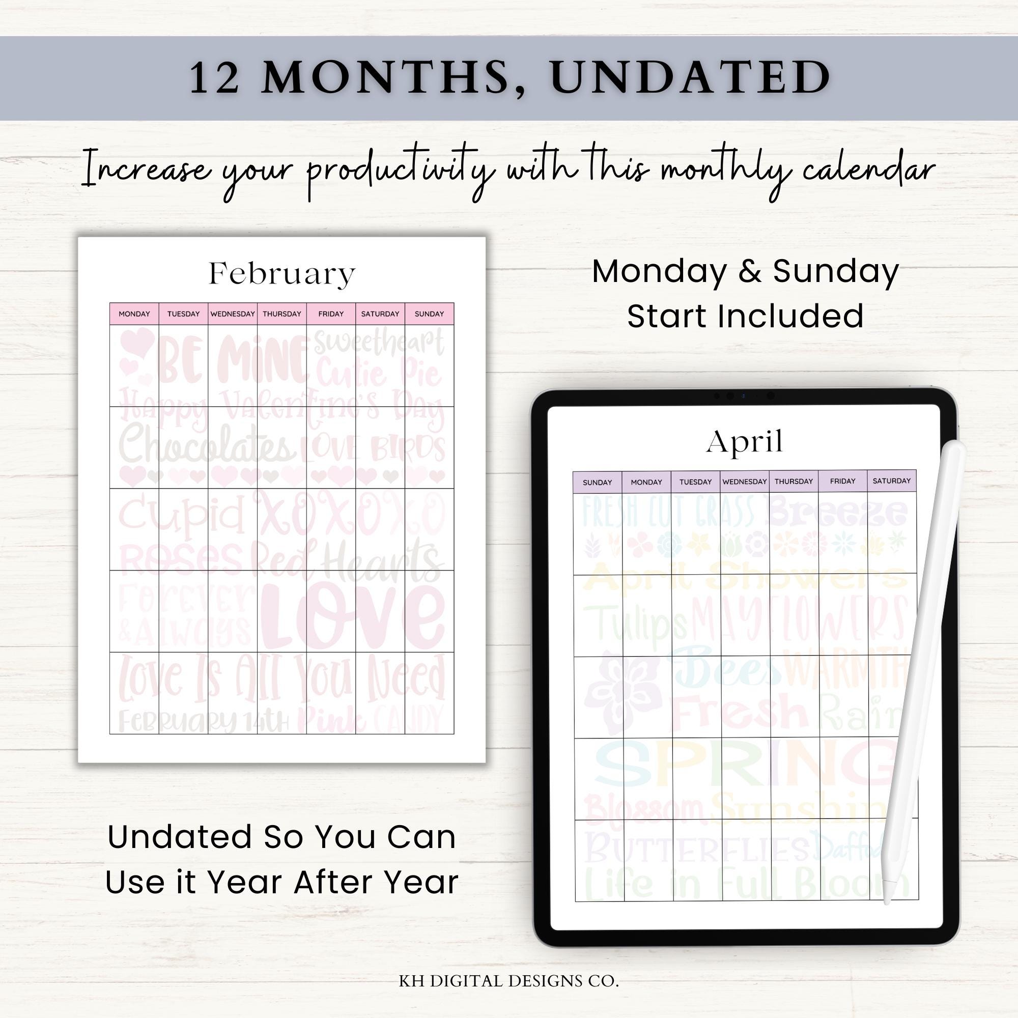 Editable Undated Monthly Calendar | Seasonal Holiday Themed Perpetual ...