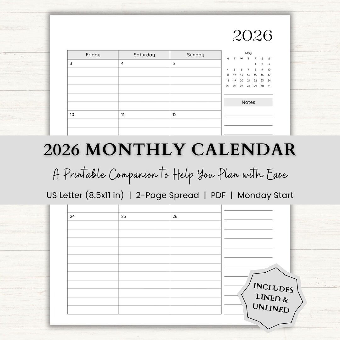 2026 Monthly Calendar Printable: Minimalist Month at a Glance, Monthly ...
