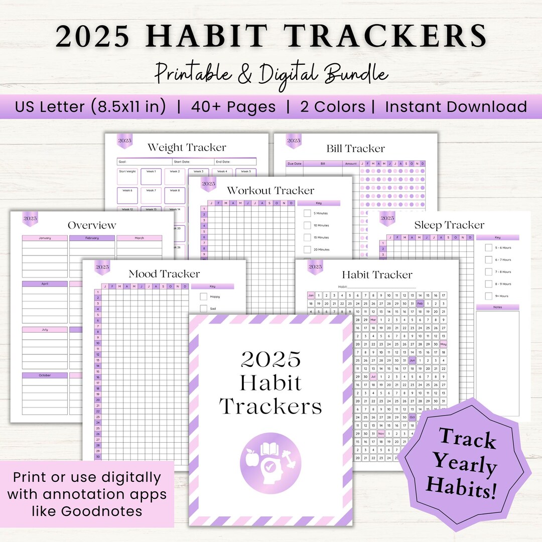 2025 Yearly Habit Tracker Printable Bundle Adhd Mood Tracker Healthy ...
