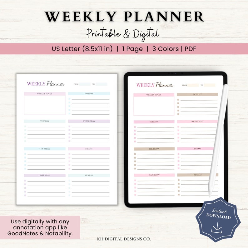 Undated Weekly Planner Printable | Week at a Glance | Minimal Weekly ...