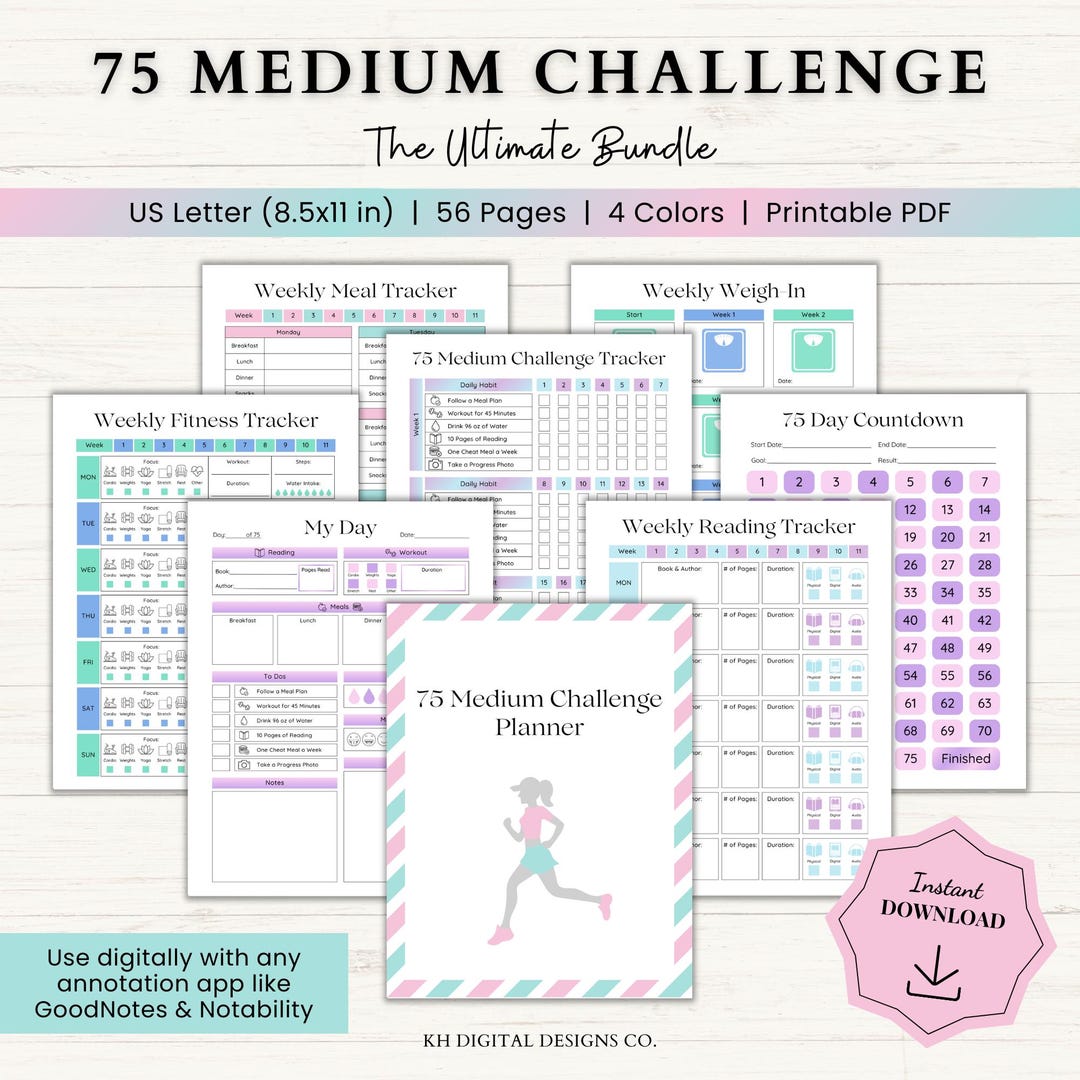 75 Medium Challenge Printable Planner | 75 Day Tracker Template ...